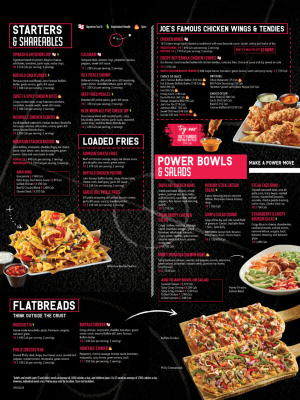 Food menu - Shoeless Joe's